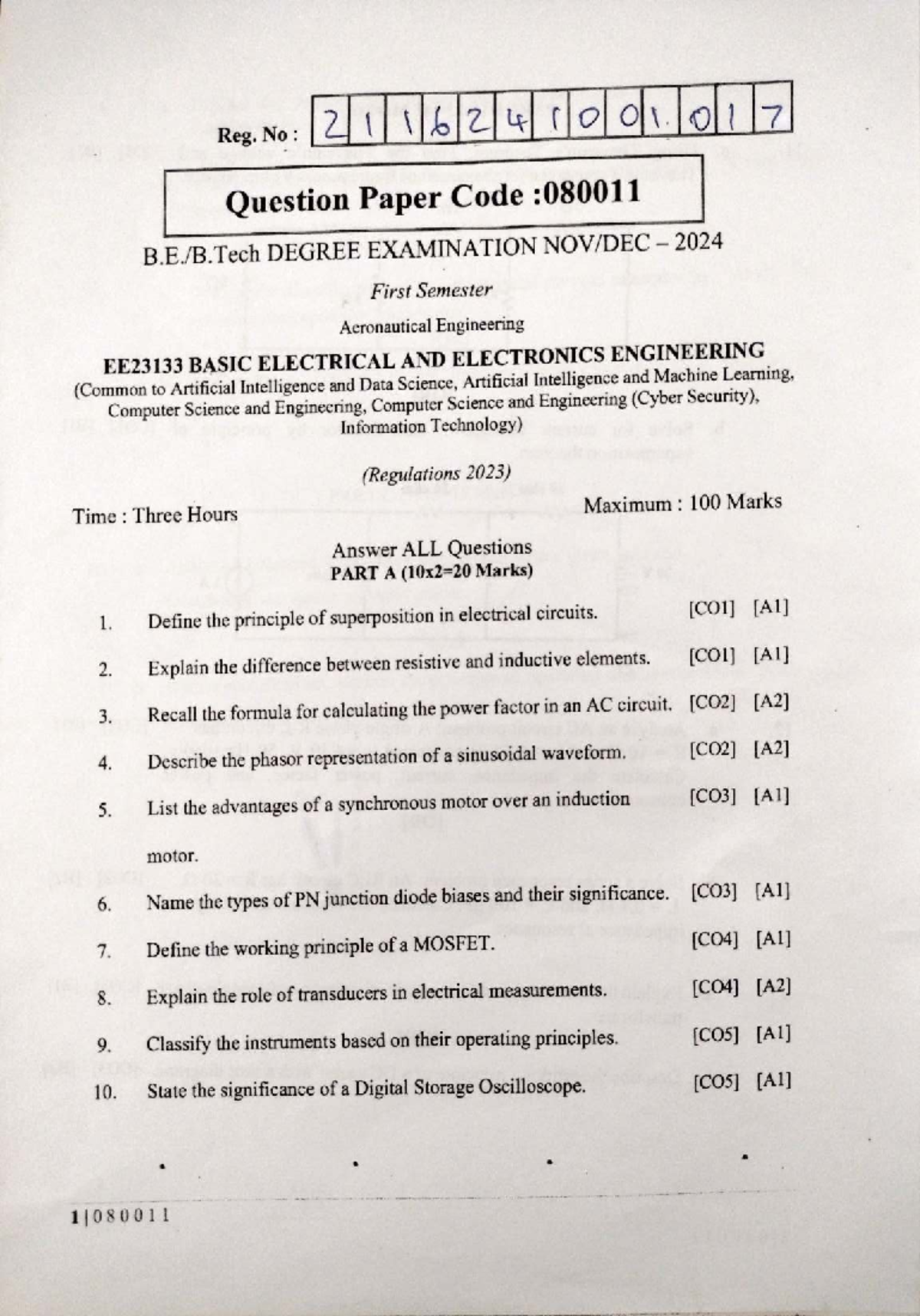 BEEE 080011 Final Exam: Basic Electrical & Electronics Engineering - Studocu