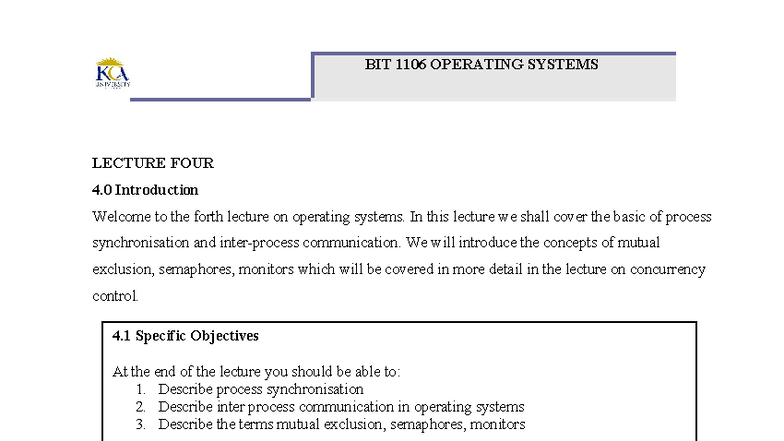 BIT 1106 Operating Systems Lecture 4: Process Synchronization & IPC ...
