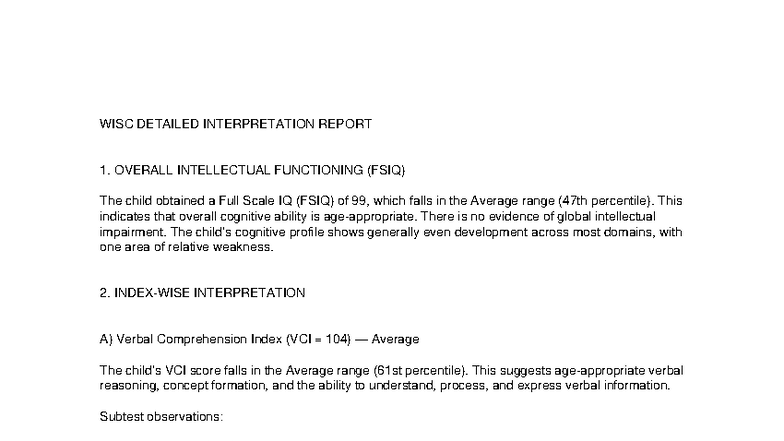 WISC Interpretation Report: Detailed Cognitive Profile Analysis - Studocu