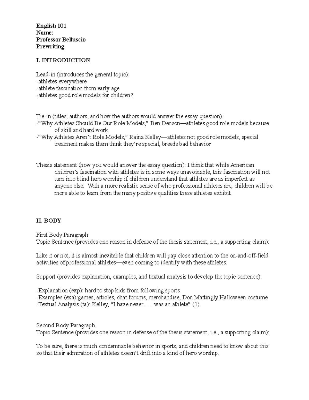 101-Prewriting Handout Sample - English 101 Name: Professor Belluscio ...