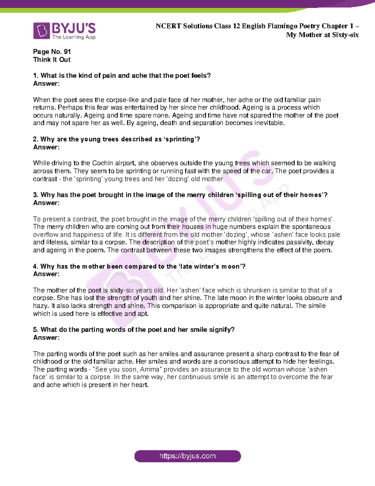 NCERT Solutions Class 12 English Flamingo Poetry My Mother at Sixty-Six ...