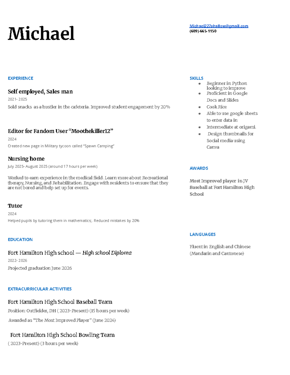 Resume - Michael's Skills and Experience Overview - Studocu