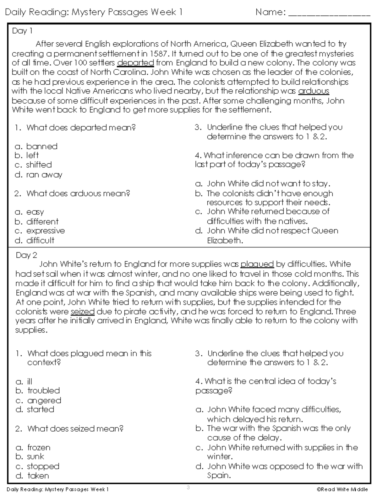 Daily Reading: Mystery Passages Week 1 - Context Clue Activity - Studocu