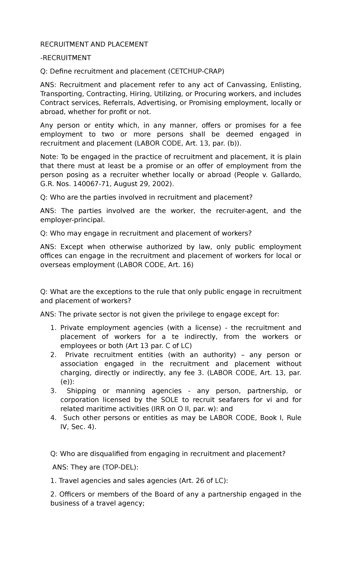 Recruitment and Placement Overview - COLLEGE OF LAW Notes - Studocu