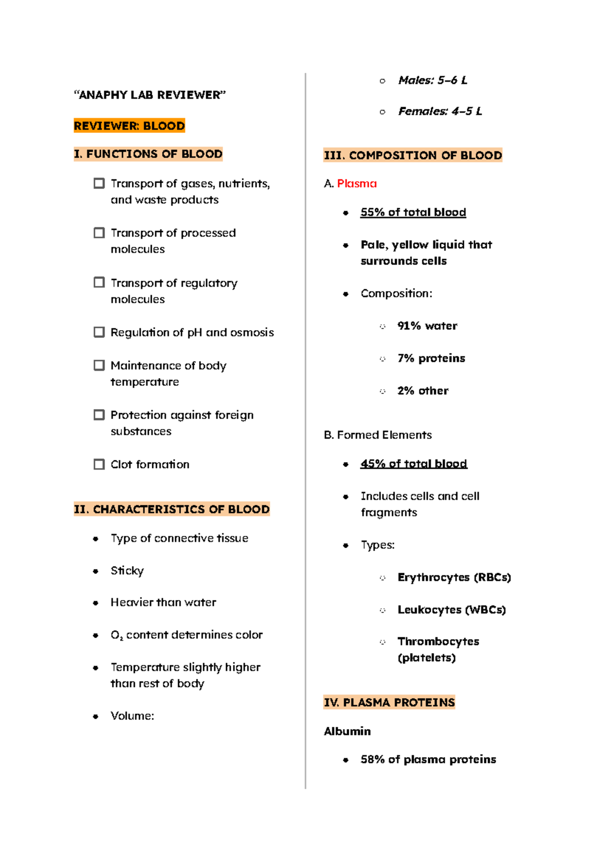 Anaphy LAB - Key Concepts and Functions of Blood and Cardiovascular ...