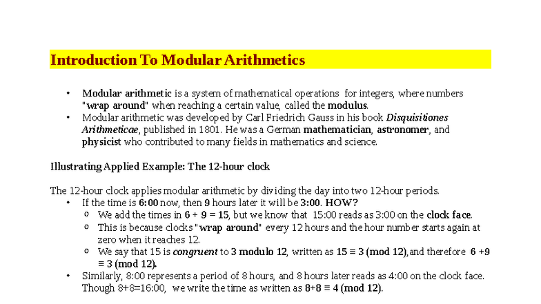 Cryptography Examples: Modular Arithmetic & Ciphers (CS101) - Studocu