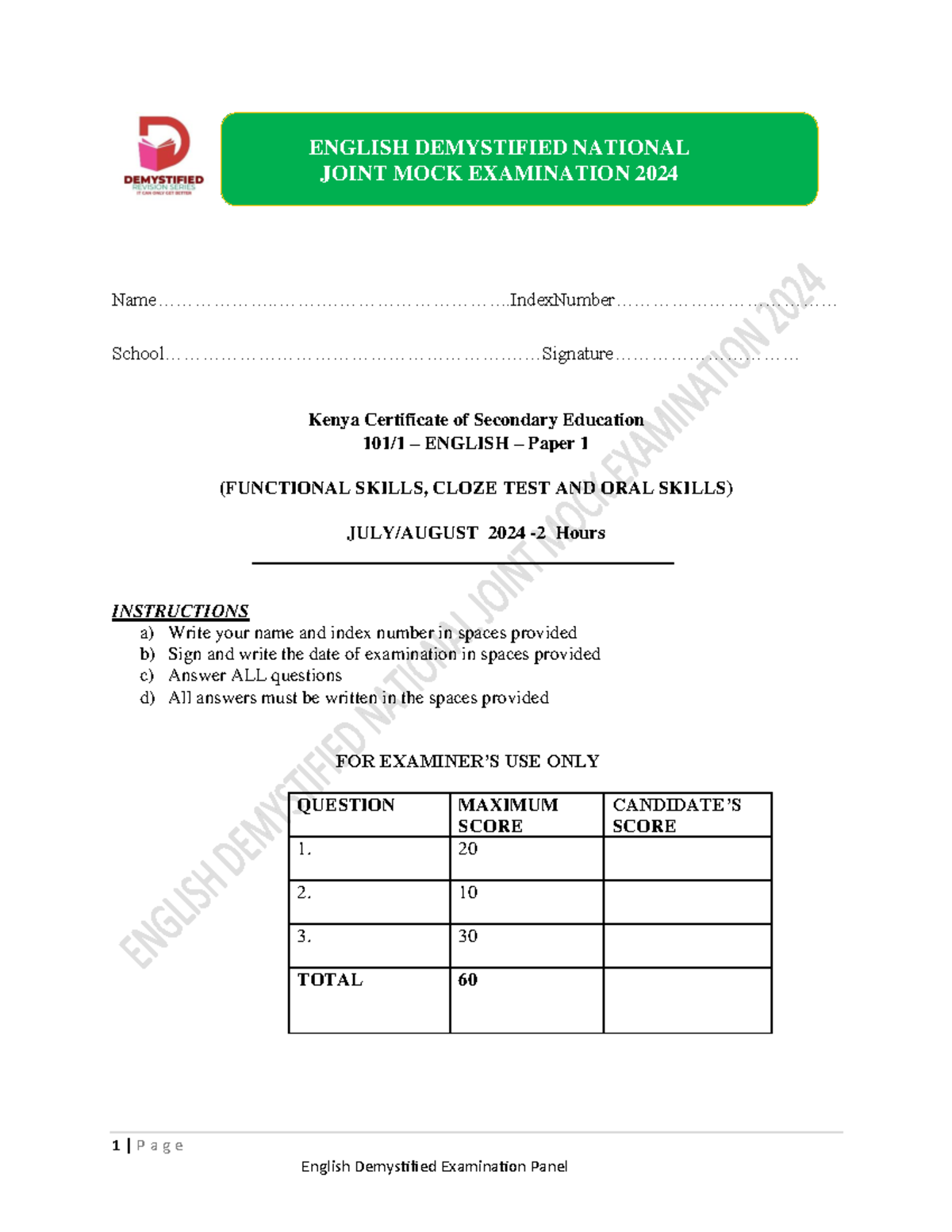 English Demystified National Joint MOCK Exam 2024 (P1, P2 & P3) - Studocu