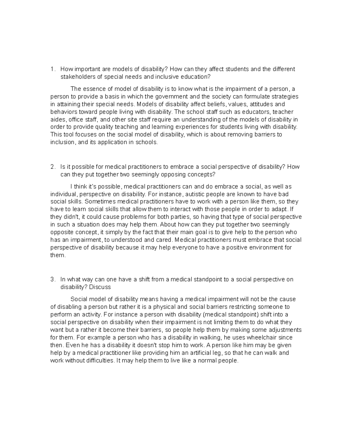 Lesson 3 Task 2 - Exploring Models of Disability in Education - Studocu