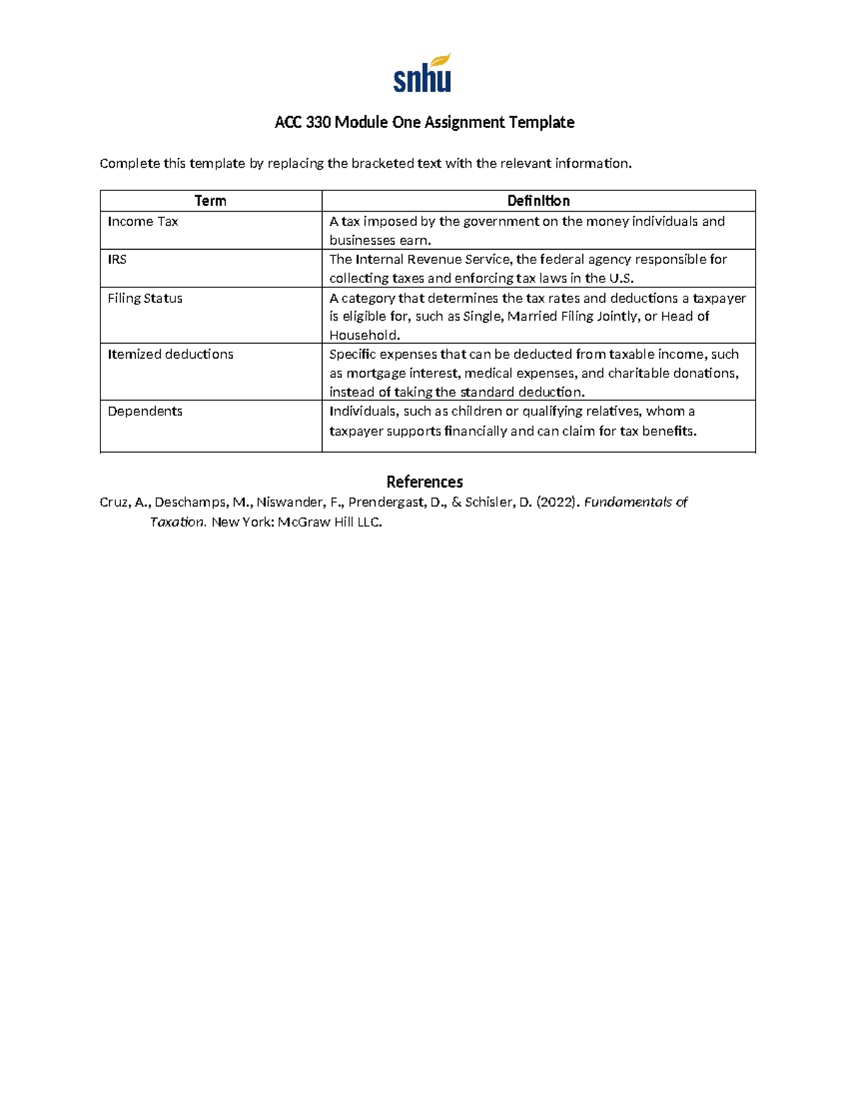 ACC 330 Module One Assignment Template - ACC 330 Module One Assignment ...