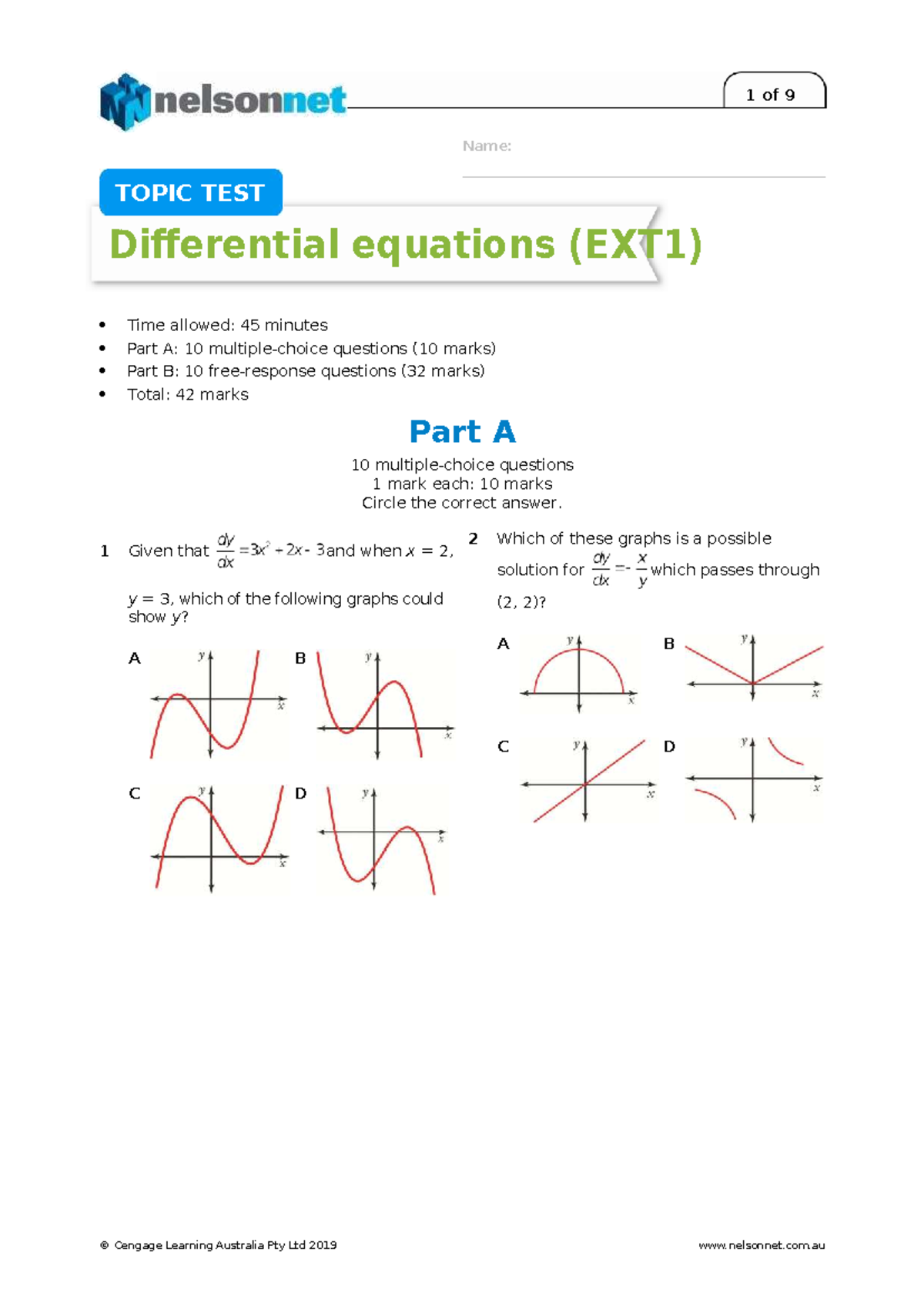Differential Equations Topic Test (EXT1) - 45 Min Assessment - Studocu