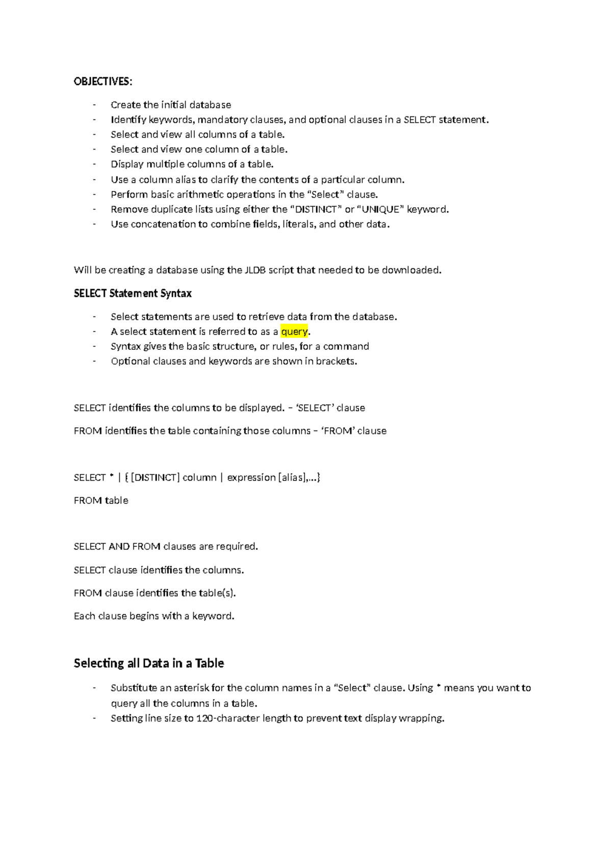 SQL 101: SELECT Statement Syntax & Usage in Oracle DB - Studocu