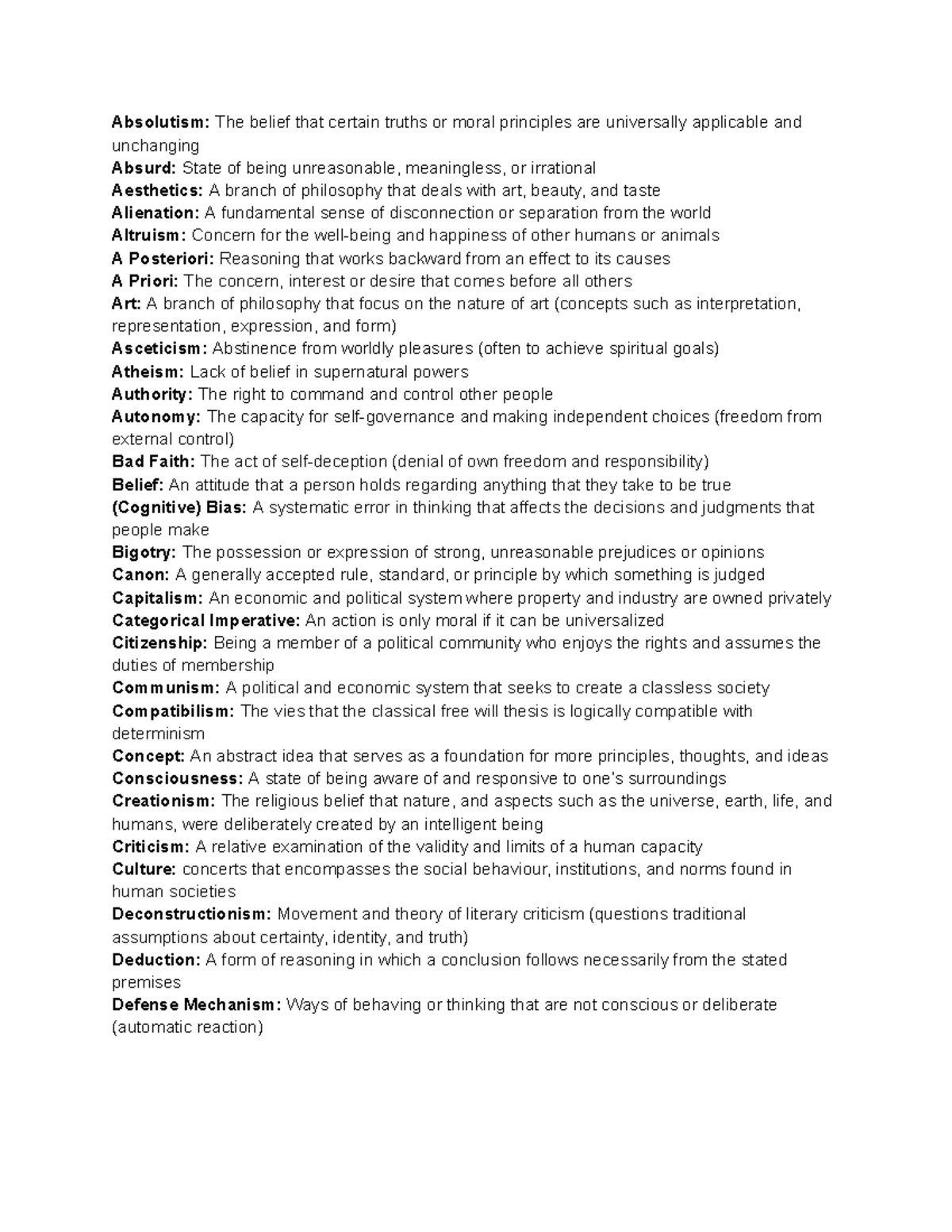 Philosophy Vocabulary Terms and Definitions for Study - Absolutism: The ...