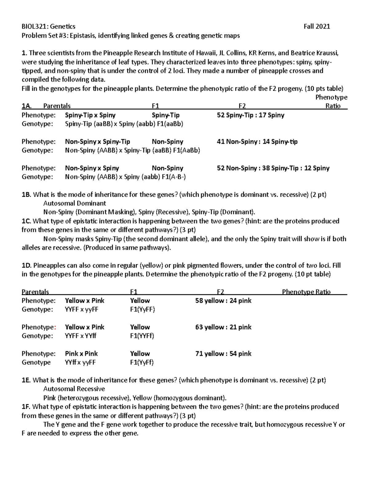 Genetics Lab 3 - BIOL321: Genetics Fall 2021 Problem Set #3: Epistasis, identifying linked genes ...