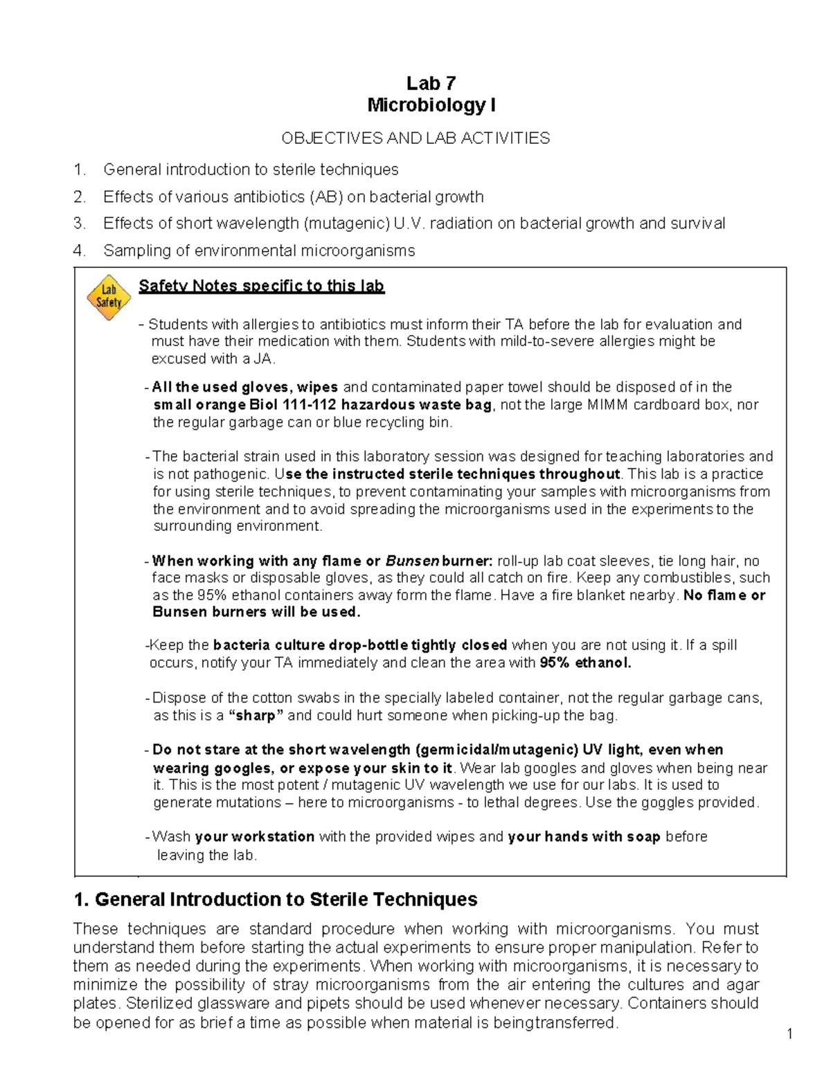 Lab 7: Microbiology I - Sterile Techniques & Antibiotic Effects ...