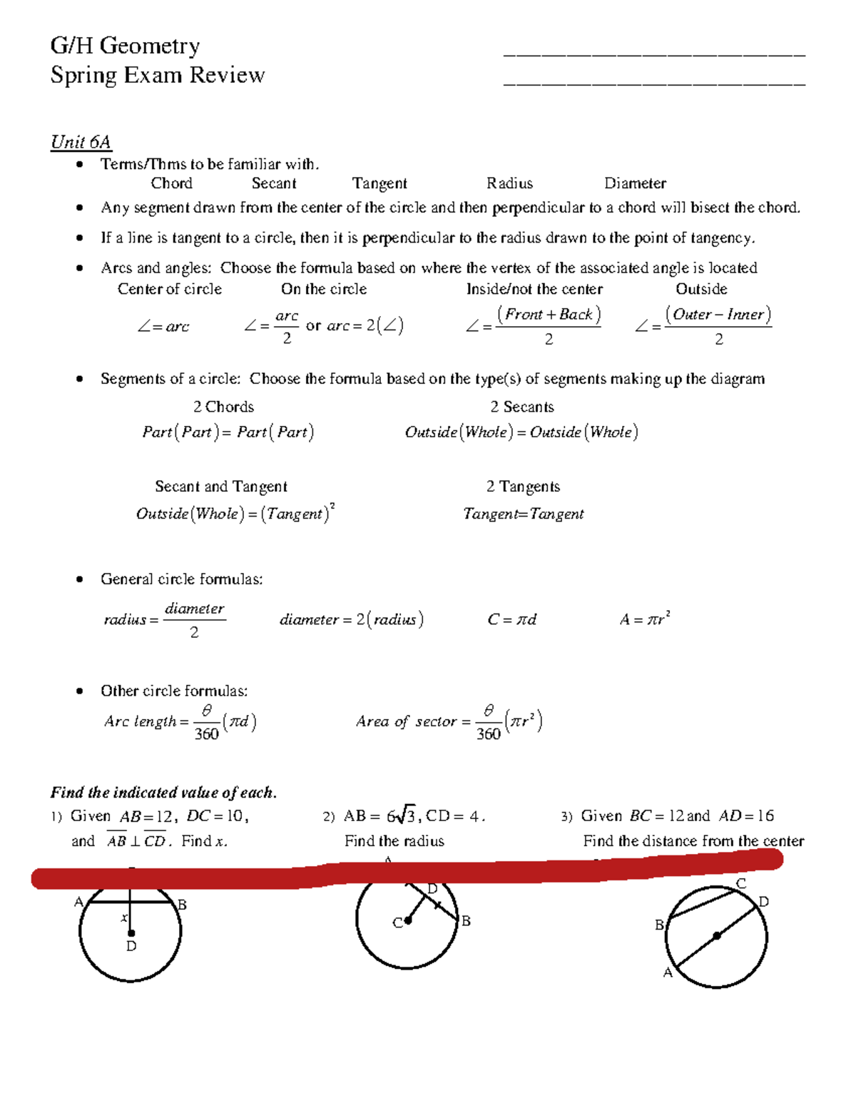 Geometry Spring Exam Review: Unit 6A - Chords, Secants, and Tangents ...