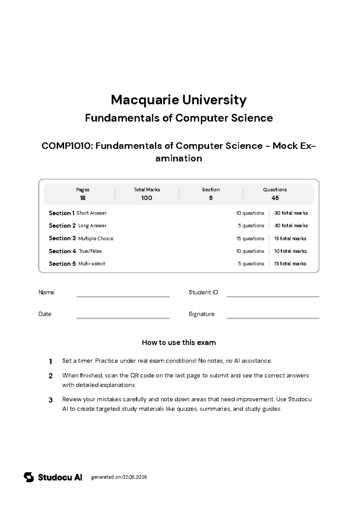 COMP1010: Mock Exam on Java Fundamentals - Studocu