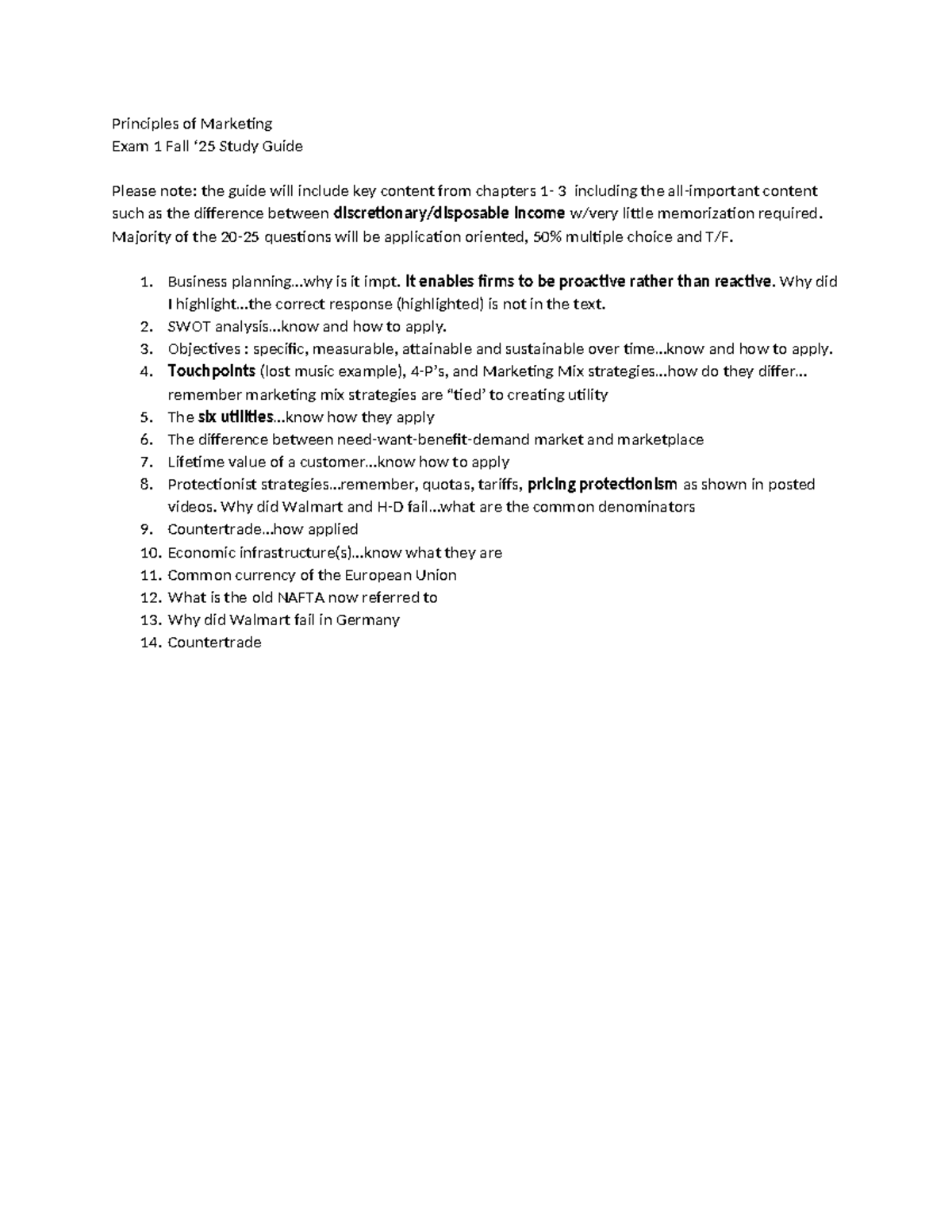 Principles of Marketing Exam 1 Fall '25 Study Guide: Key Concepts ...