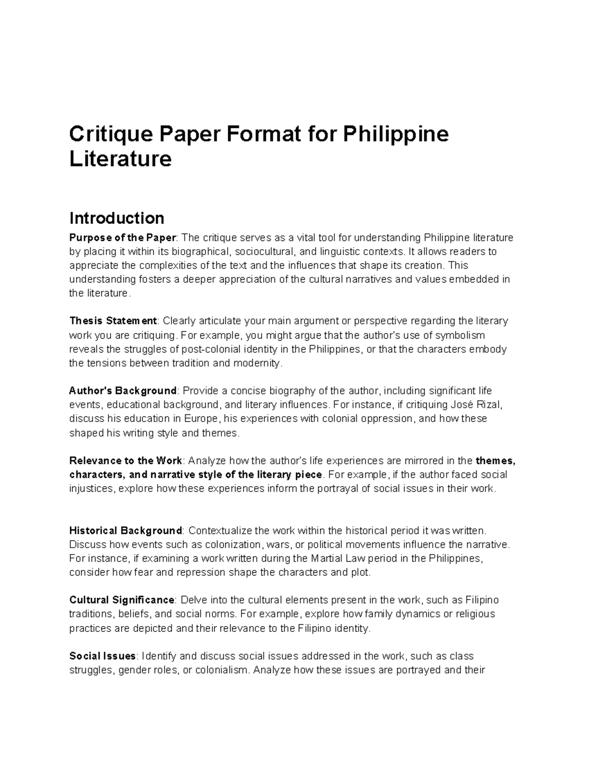 Critique Paper Format for Philippine Literature - Critique Paper Format ...
