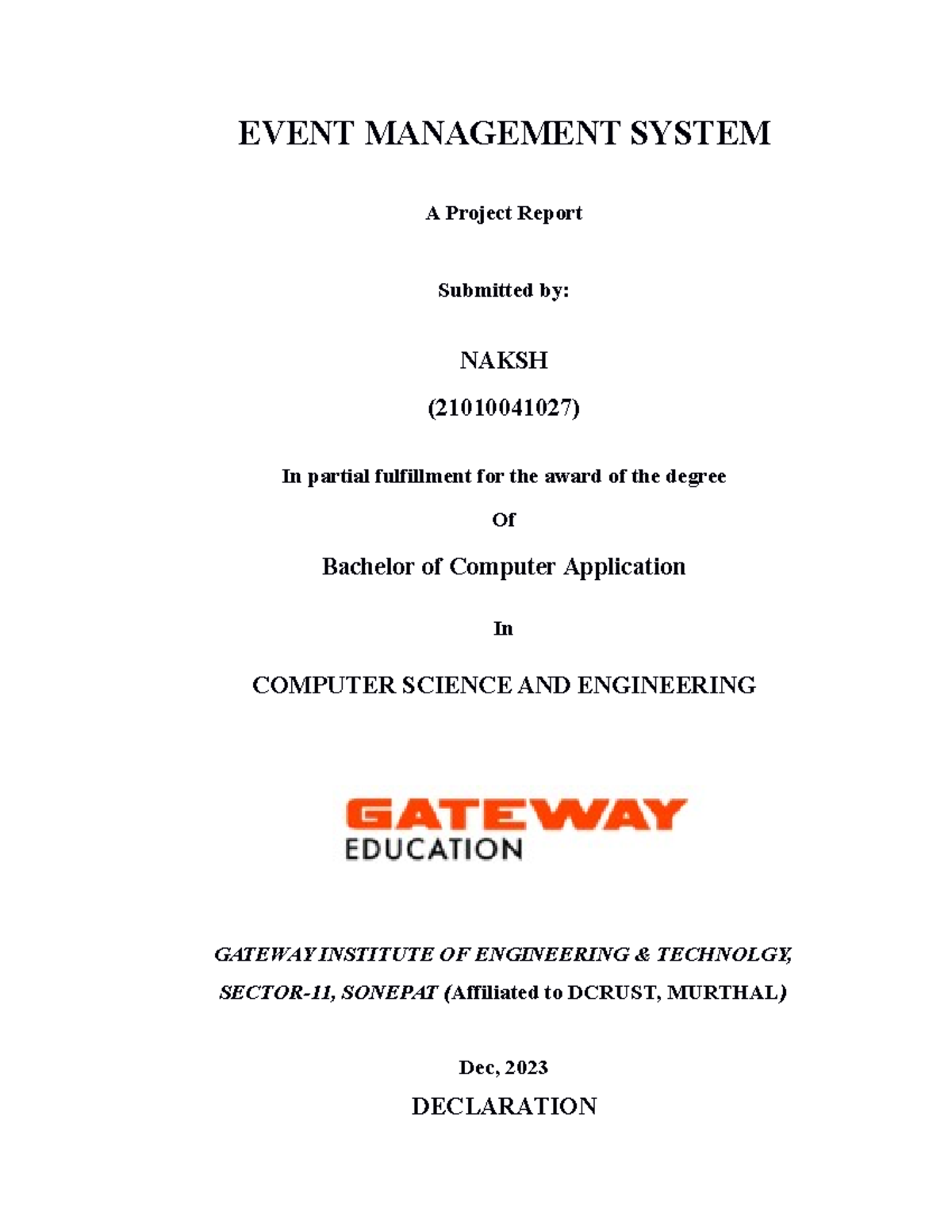 Event Management System Project Report (BCA CSE) - December 2023 - Studocu
