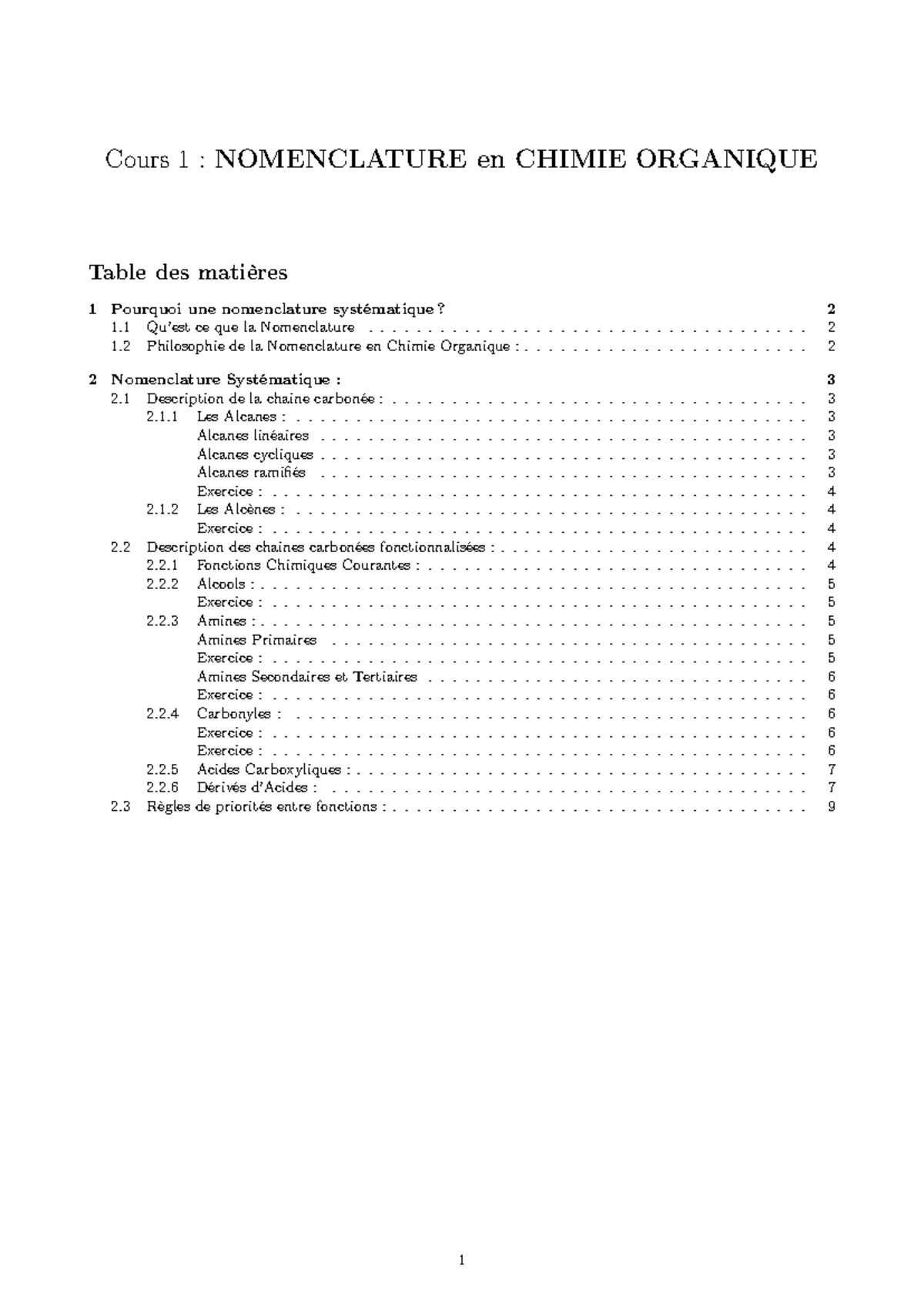 Cours 1 - Nomenclature en Chimie Organique: Concepts et Exemples - Studocu