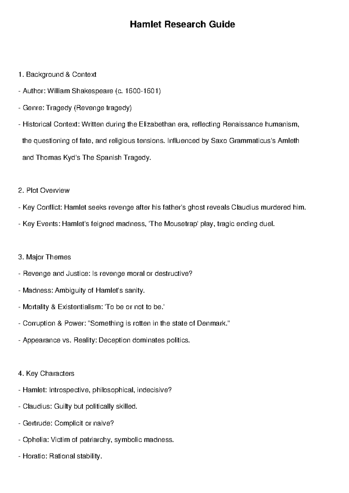 Hamlet Research Guide: Themes, Characters, and Context Analysis - Studocu
