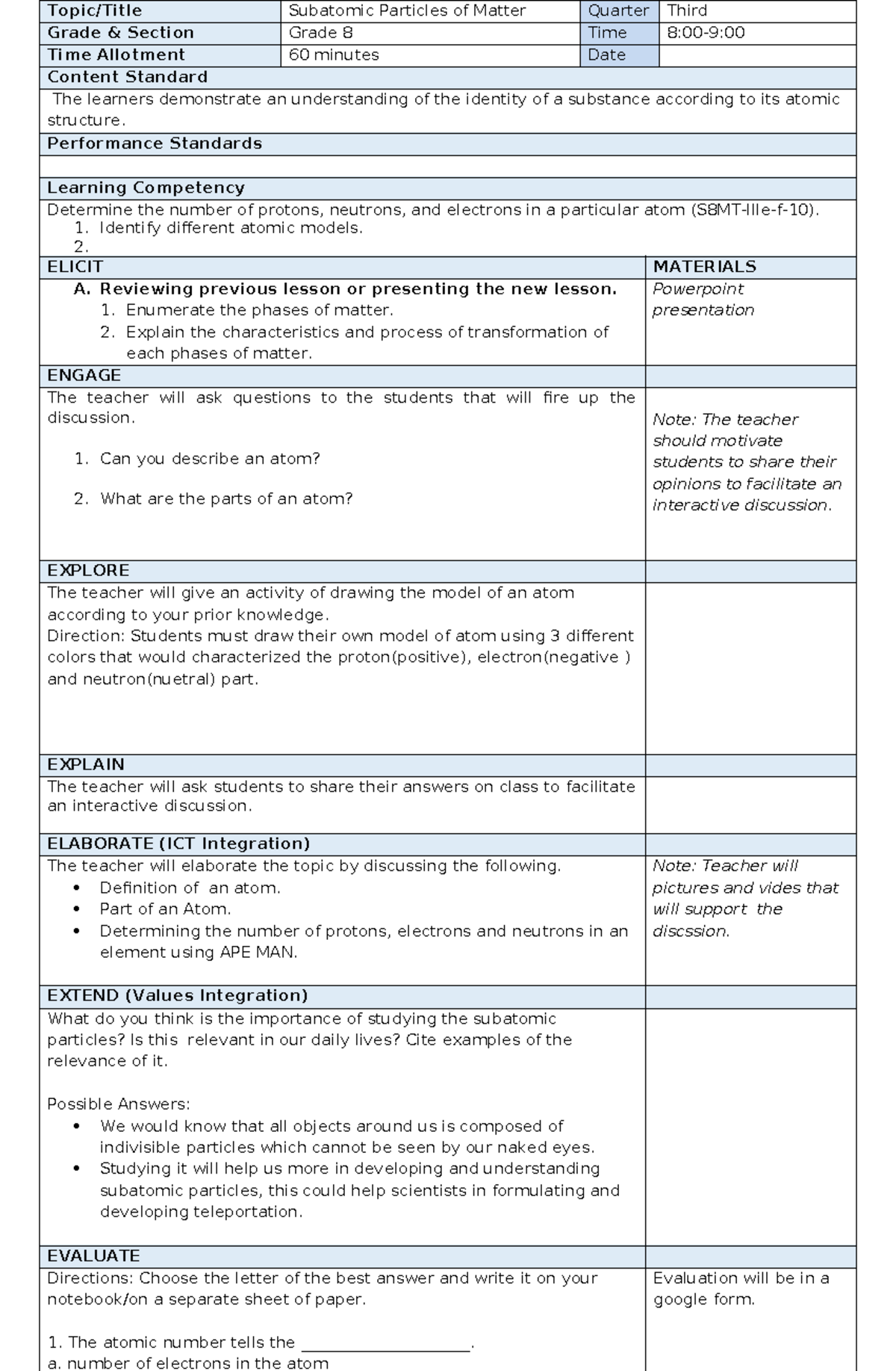 Subatomic Particles of Matter Lesson - Grade 8 (S8MT-IIIe-f-10) - Studocu