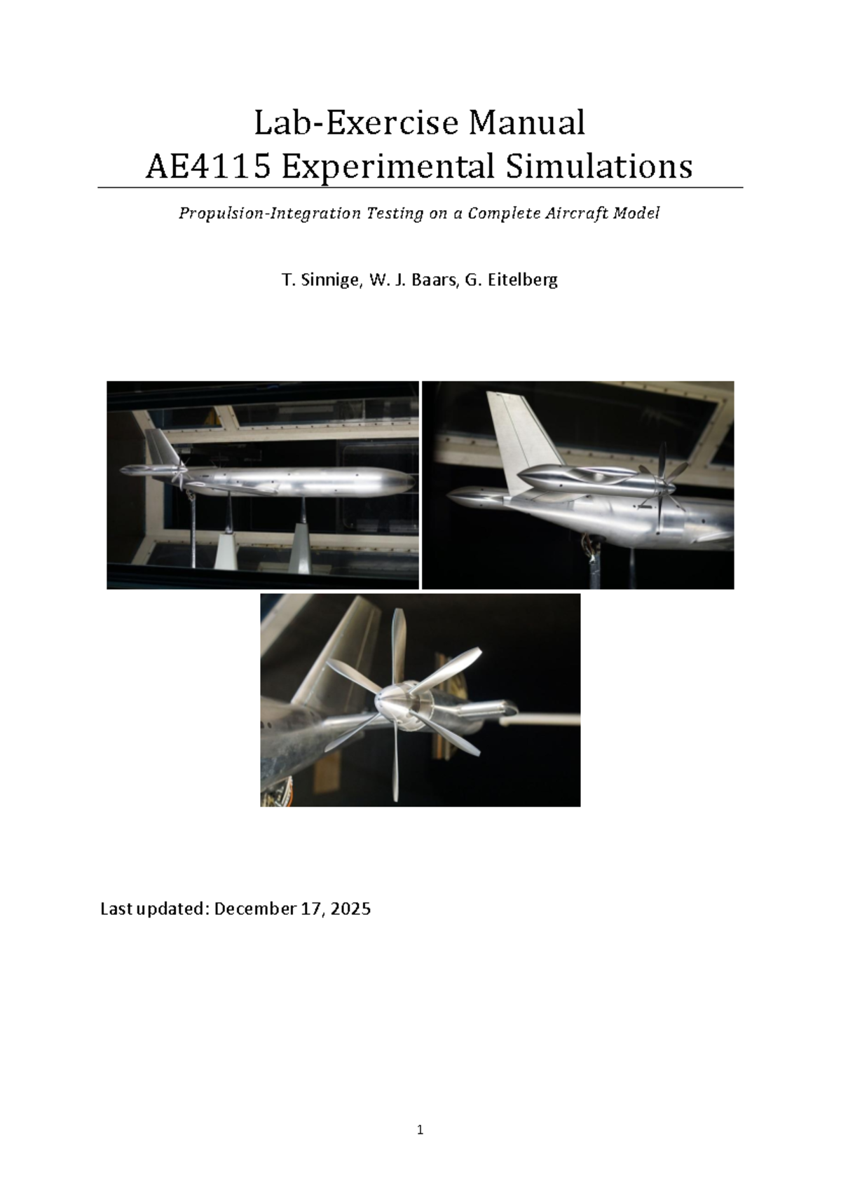 AE4115 Lab Exercise Manual: Experimental Simulations on Aircraft Model ...