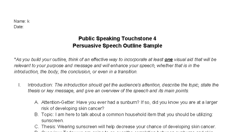 Public Speaking Touchstone 4: Persuasive Speech Outline on Sunscreen ...