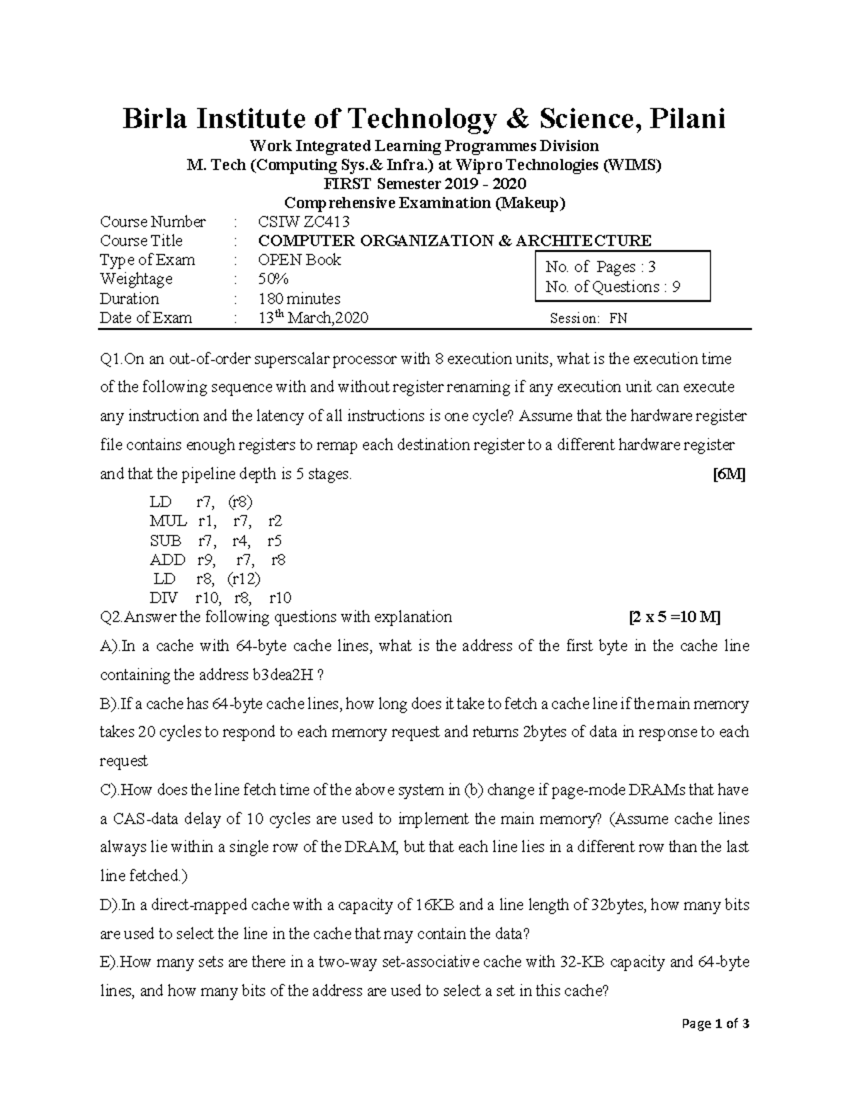 WIMS CSIW ZC413 COA Comprehensive Exam Previous Year Questions - Studocu