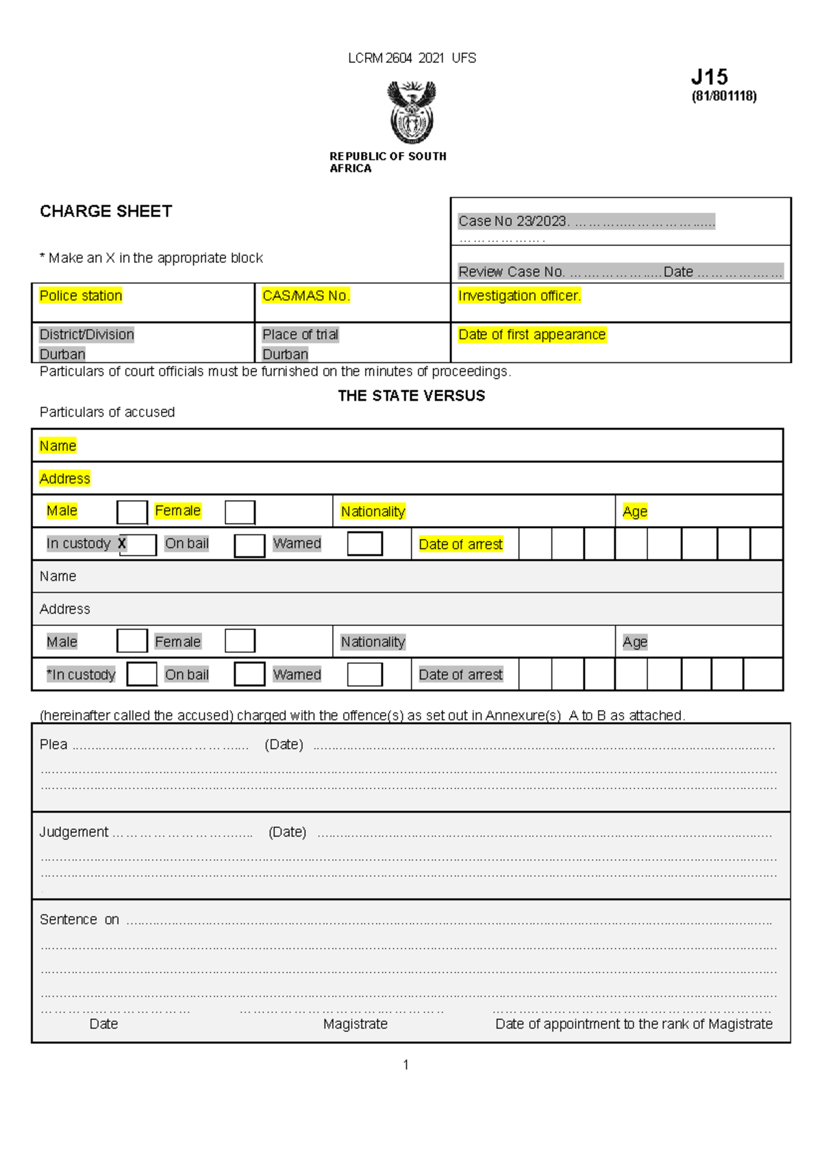 LCRM 2604 2021 UFS - Charge Sheet Template for Legal Cases - Studocu