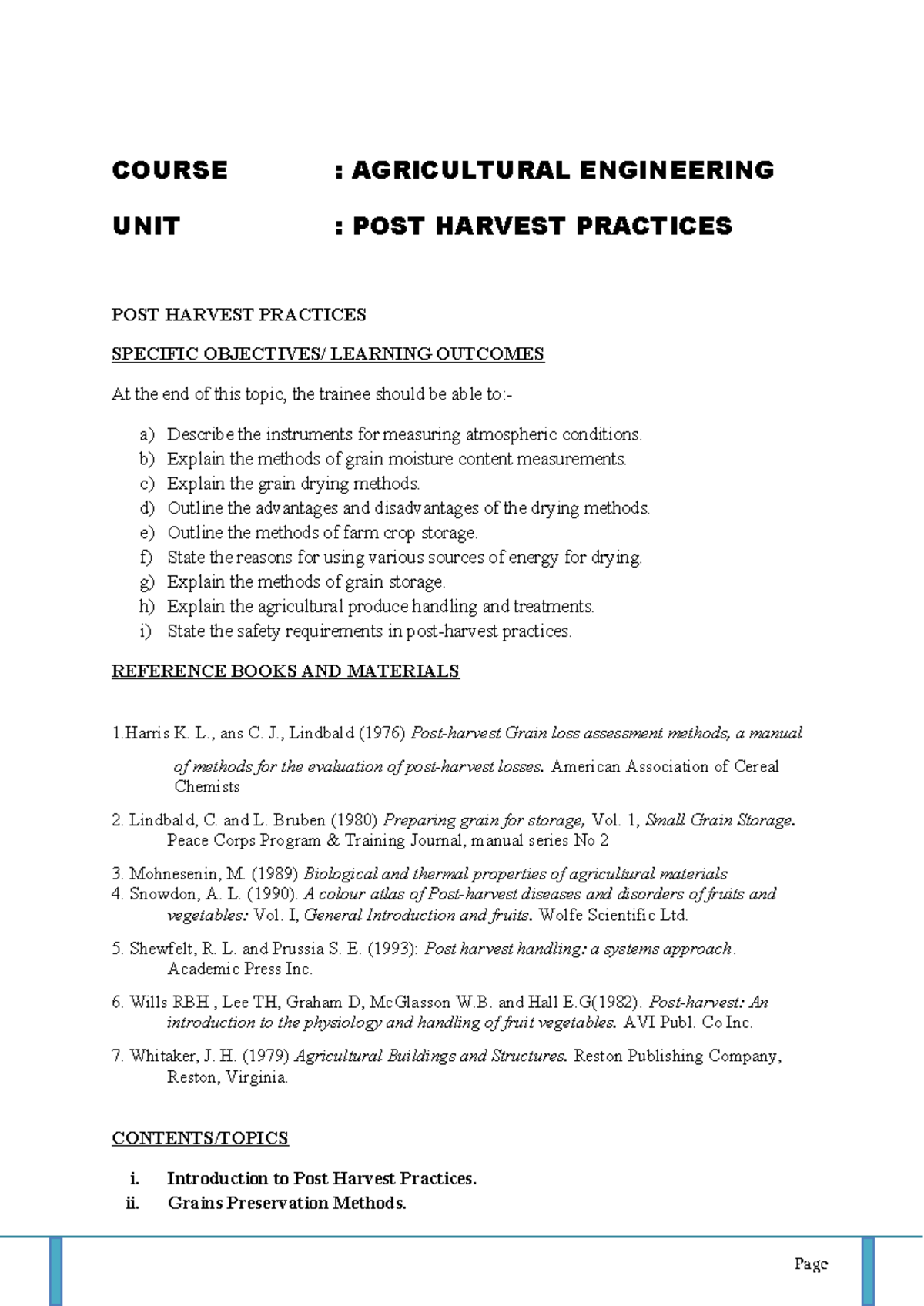 Post Harvest Practices in Agricultural Engineering (AE 101) - Studocu