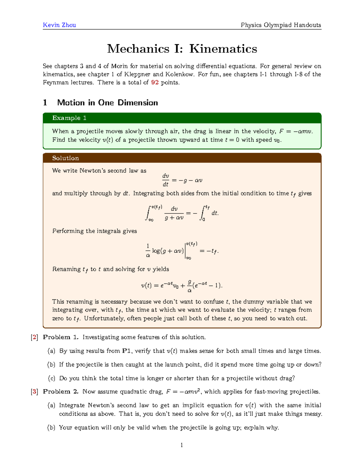 Kevin Zhou Physics Olympiad Notes: Mechanics I - Kinematics Calculus ...
