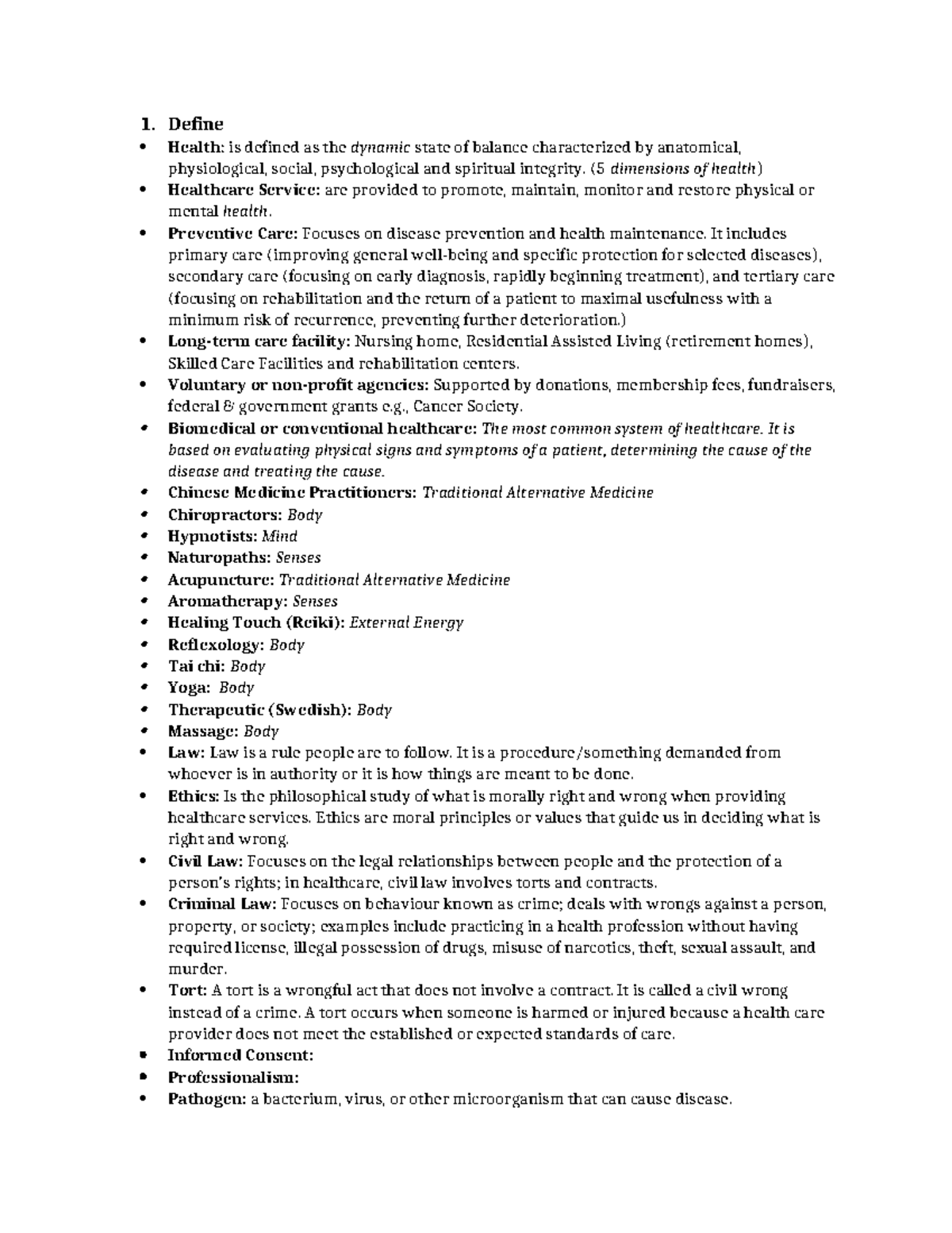Unit 1 Test Review - 1. Define Health: is defined as the dynamic state ...