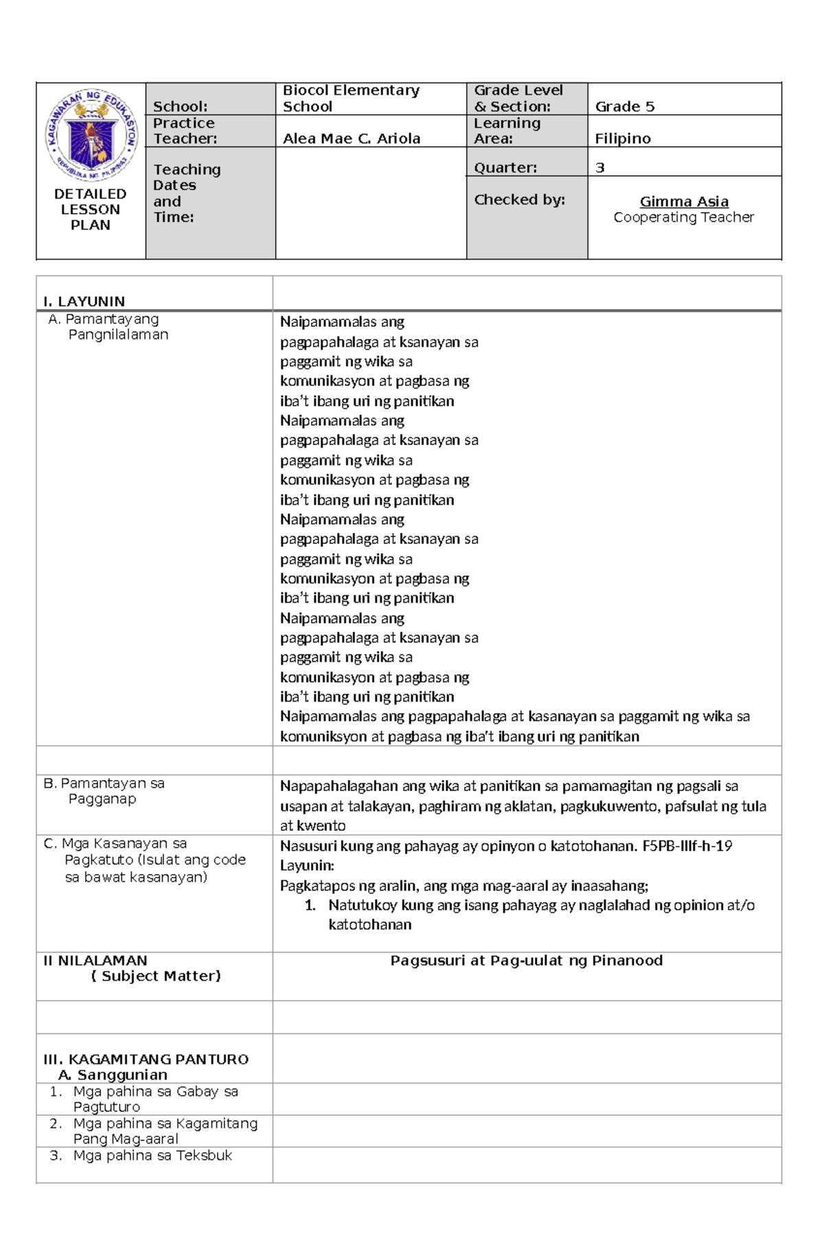 DLP- Filipino - DETAILED LESSON PLAN School: Biocol Elementary School ...