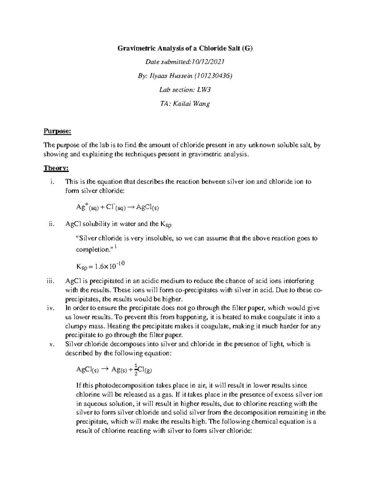 G (Chemistry) Lab Report: Gravimetric Cl Analysis of Chloride Salt ...