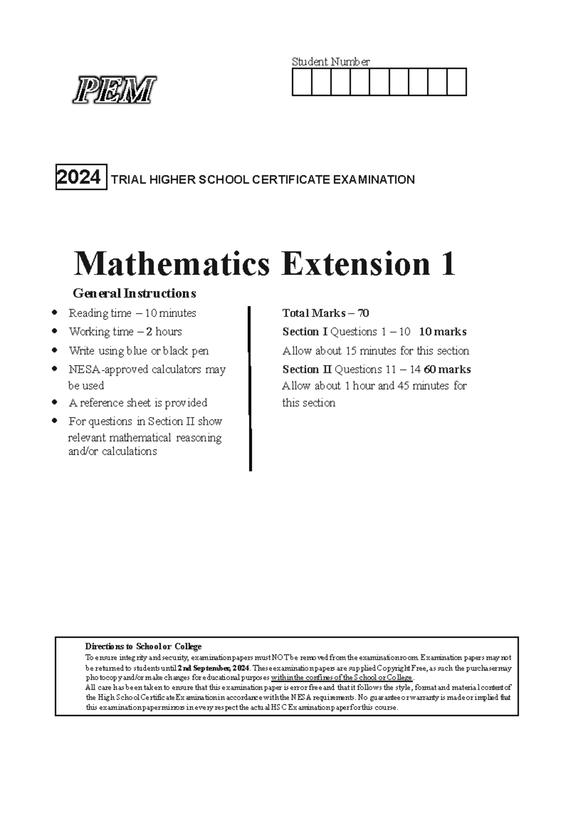 PEM 2024 Mathematics Extension 1 Trial HSC Exam Paper - Studocu