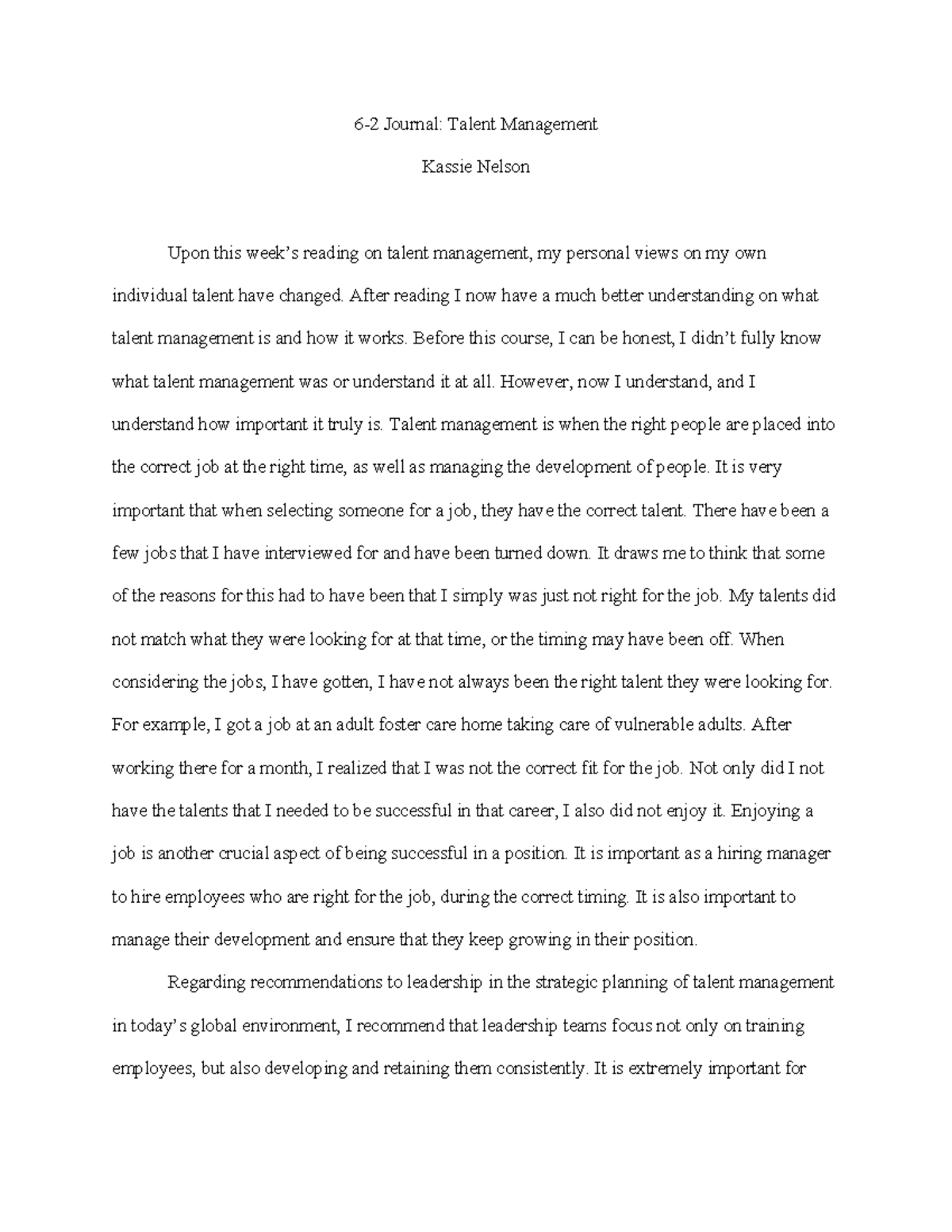 OL 342 Module 6 Journal: Insights on Talent Management Strategies - Studocu
