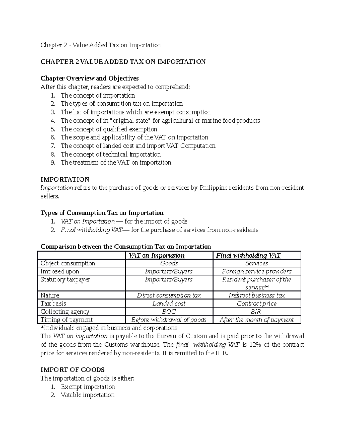 Chapter 2: VAT on Importation - Business Tax Insights (Course Code ...