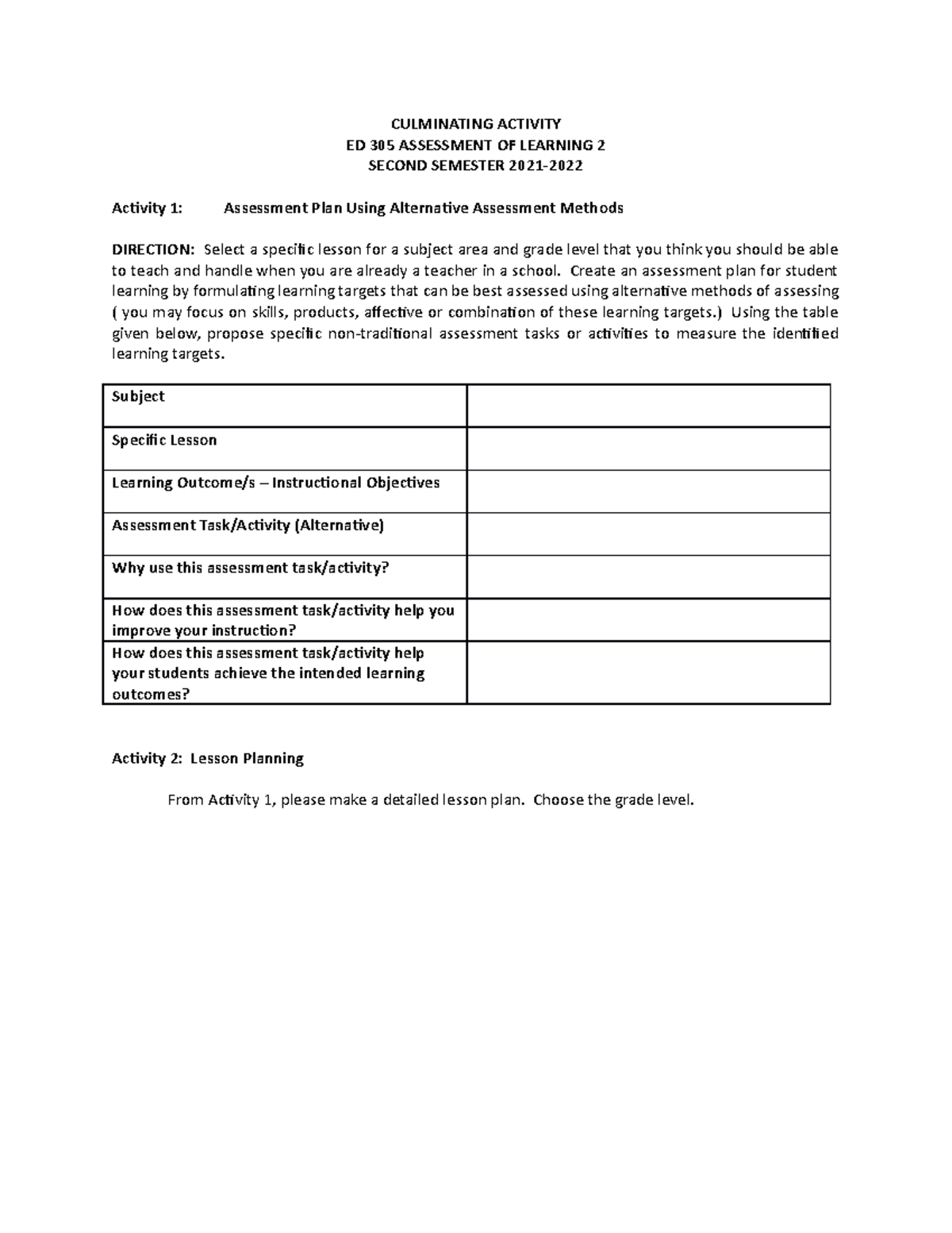 Culminating- Activity - CULMINATING ACTIVITY ED 305 ASSESSMENT OF ...