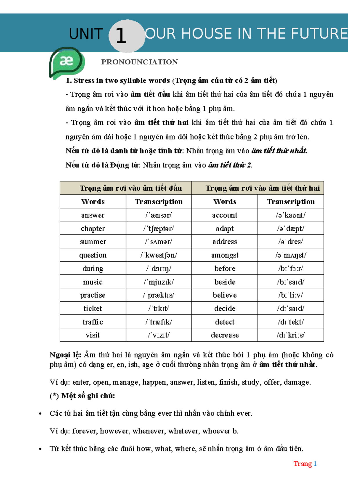 UNIT 1: OUR HOUSE IN THE FUTURE - PRONUNCIATION & GRAMMAR NOTES - Studocu