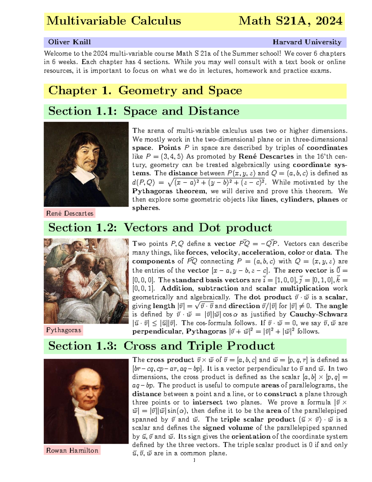 Multivariable Calculus Math S21A Lecture Notes by Oliver Knill, Summer ...