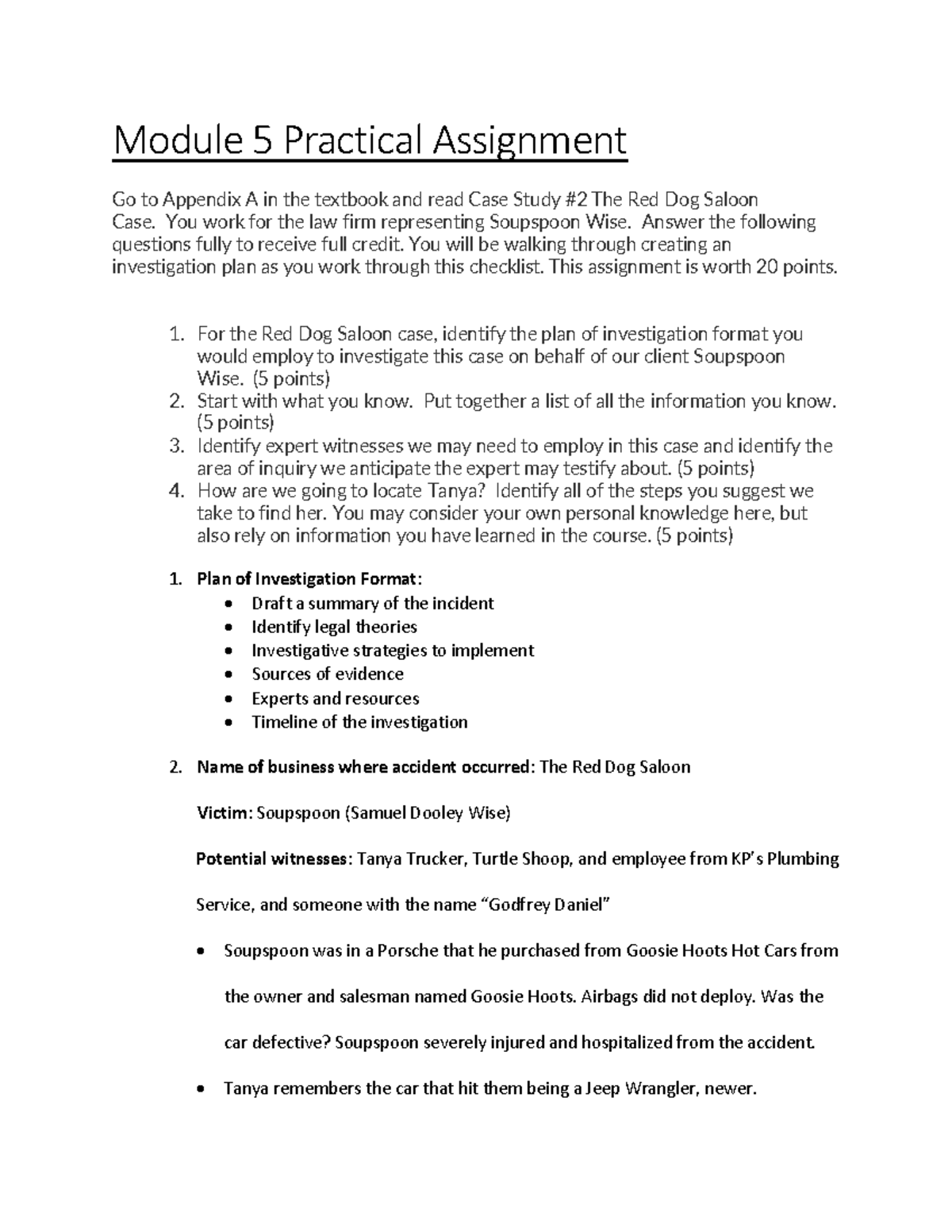 Module 5 Practical Assignment: Investigation Plan for Red Dog Saloon ...