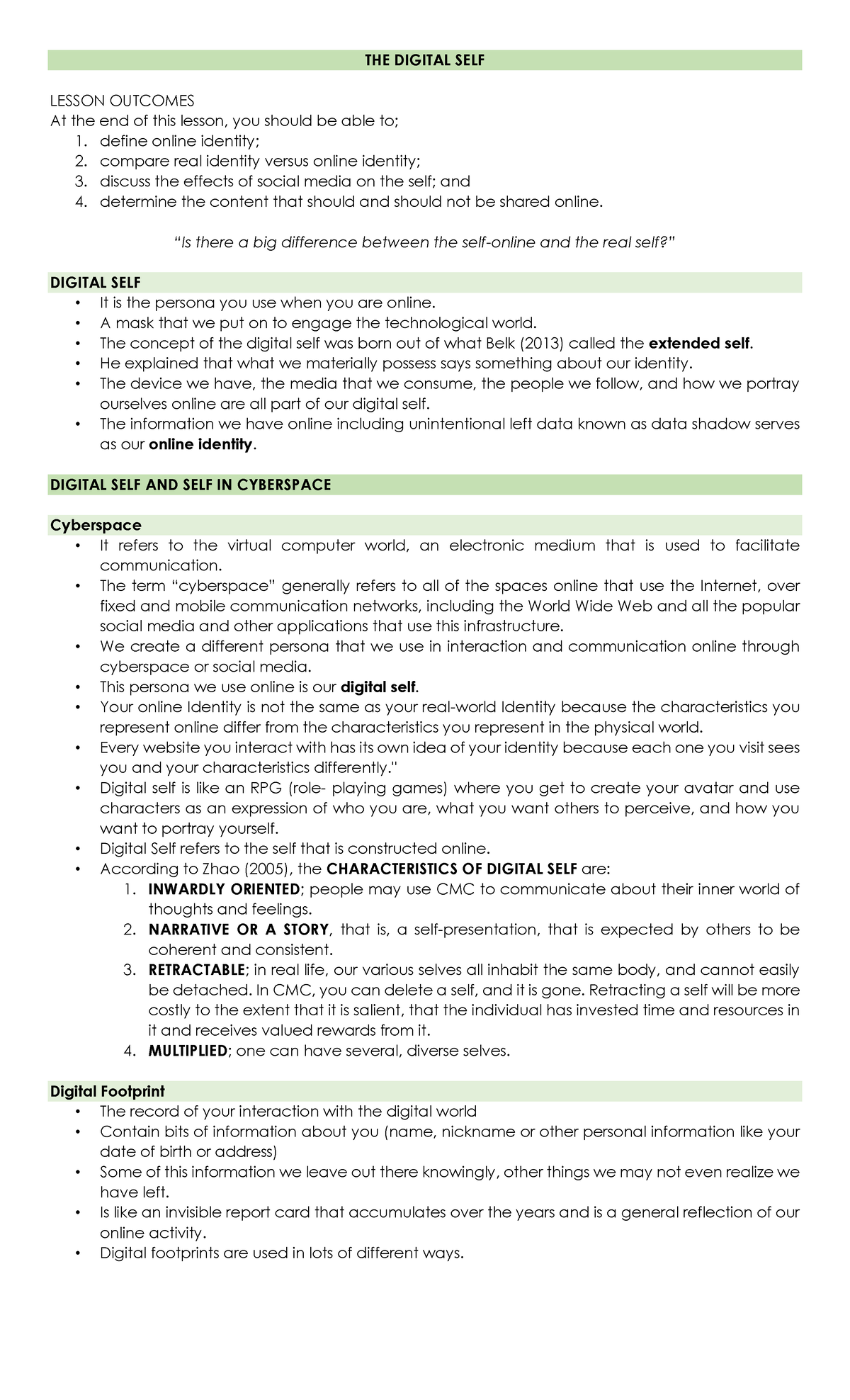 Digital SELF AND SELF IN Cyberspace - THE DIGITAL SELF LESSON OUTCOMES ...