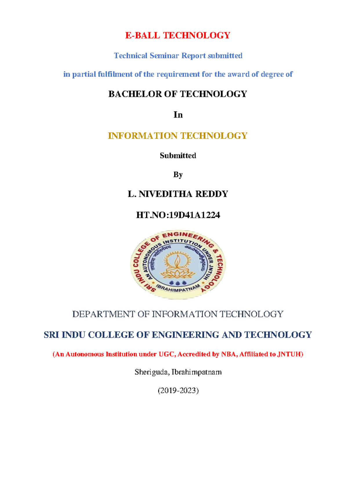 E-Ball Technology: Technical Seminar Report for B.Tech. in IT - Studocu