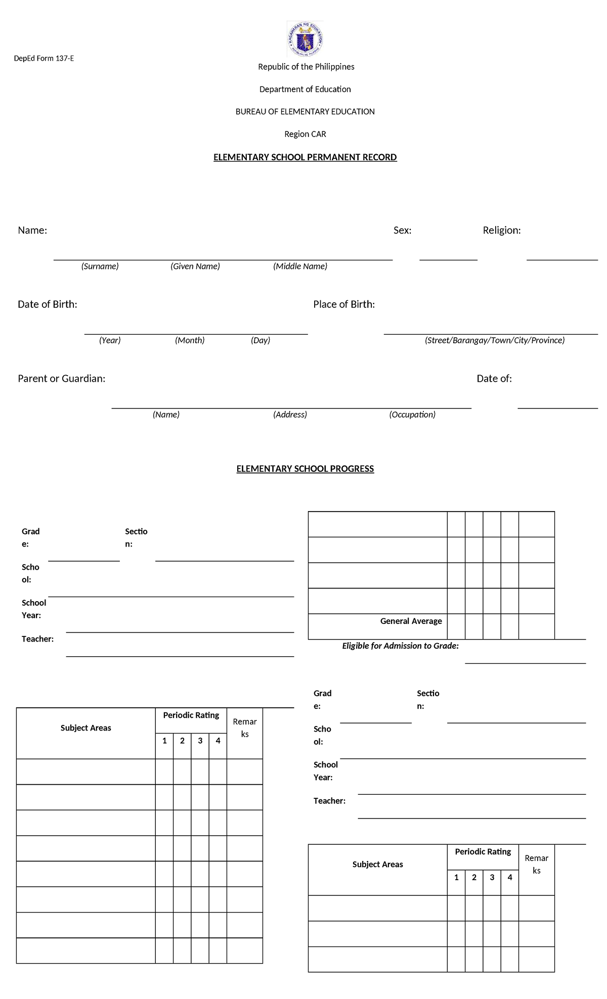 DepEd Form 137-E: Elementary School Permanent Record - Studocu