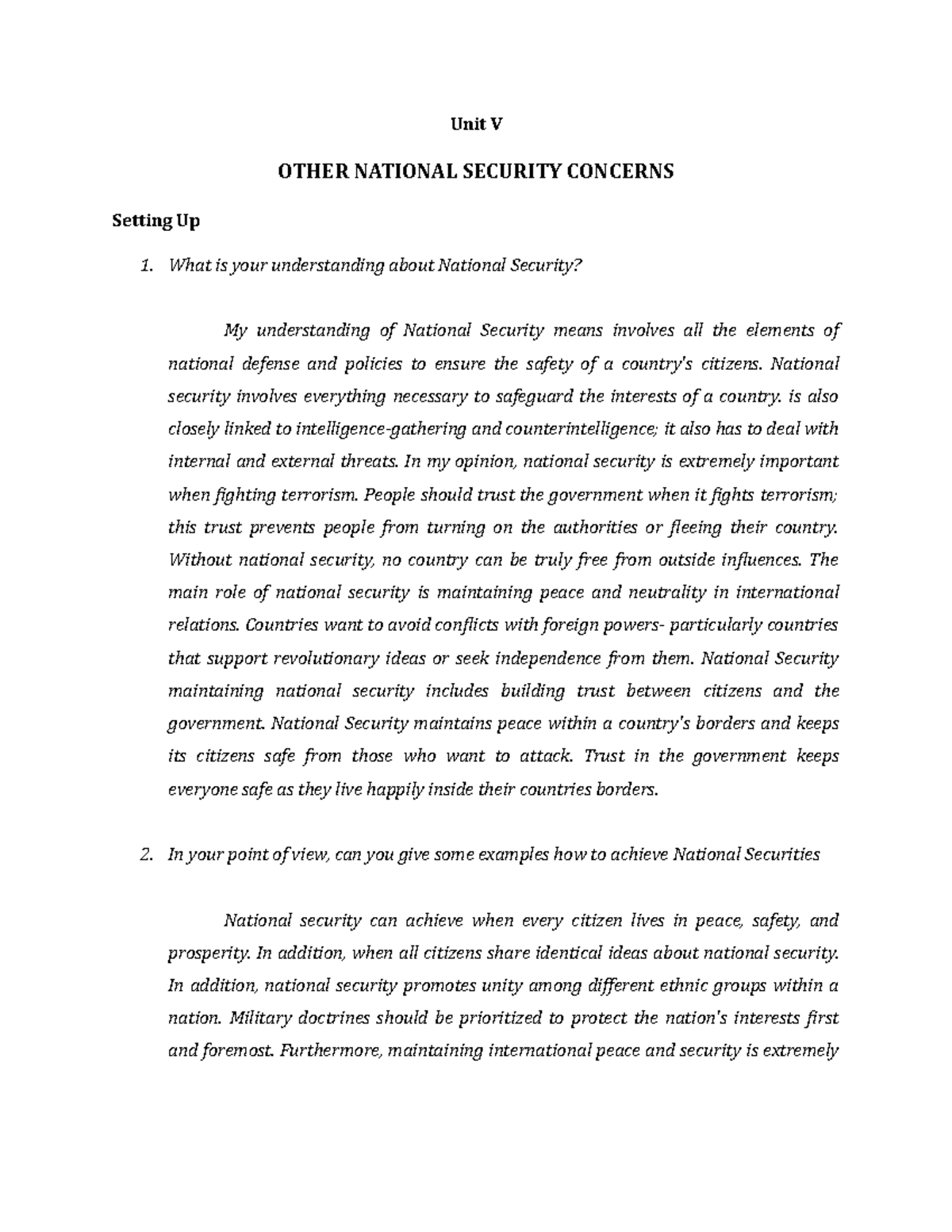 NSTP 1 Unit 5 Activities - Unit V OTHER NATIONAL SECURITY CONCERNS ...
