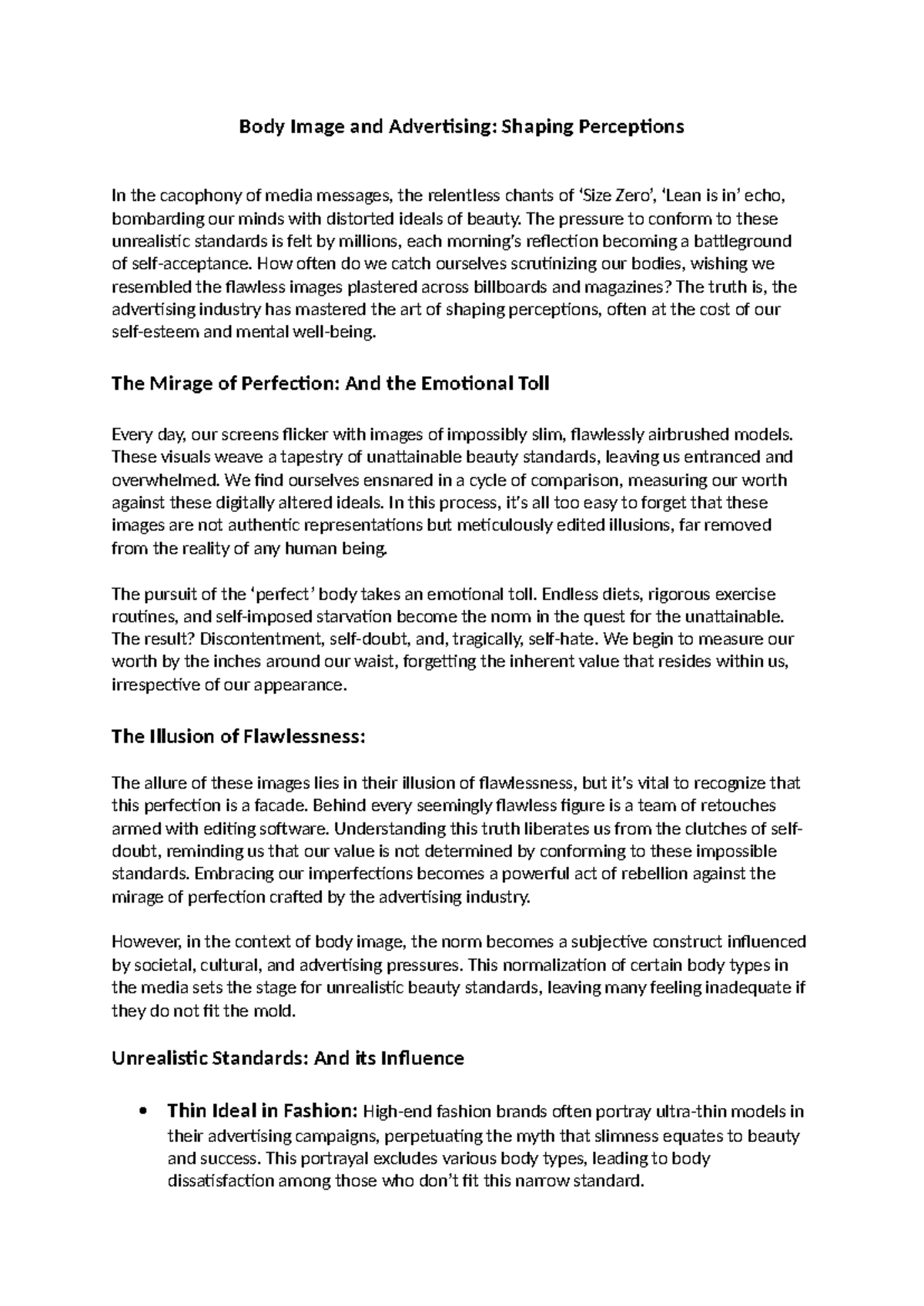 Body Image & Advertising: The Impact of Unrealistic Standards - Studocu