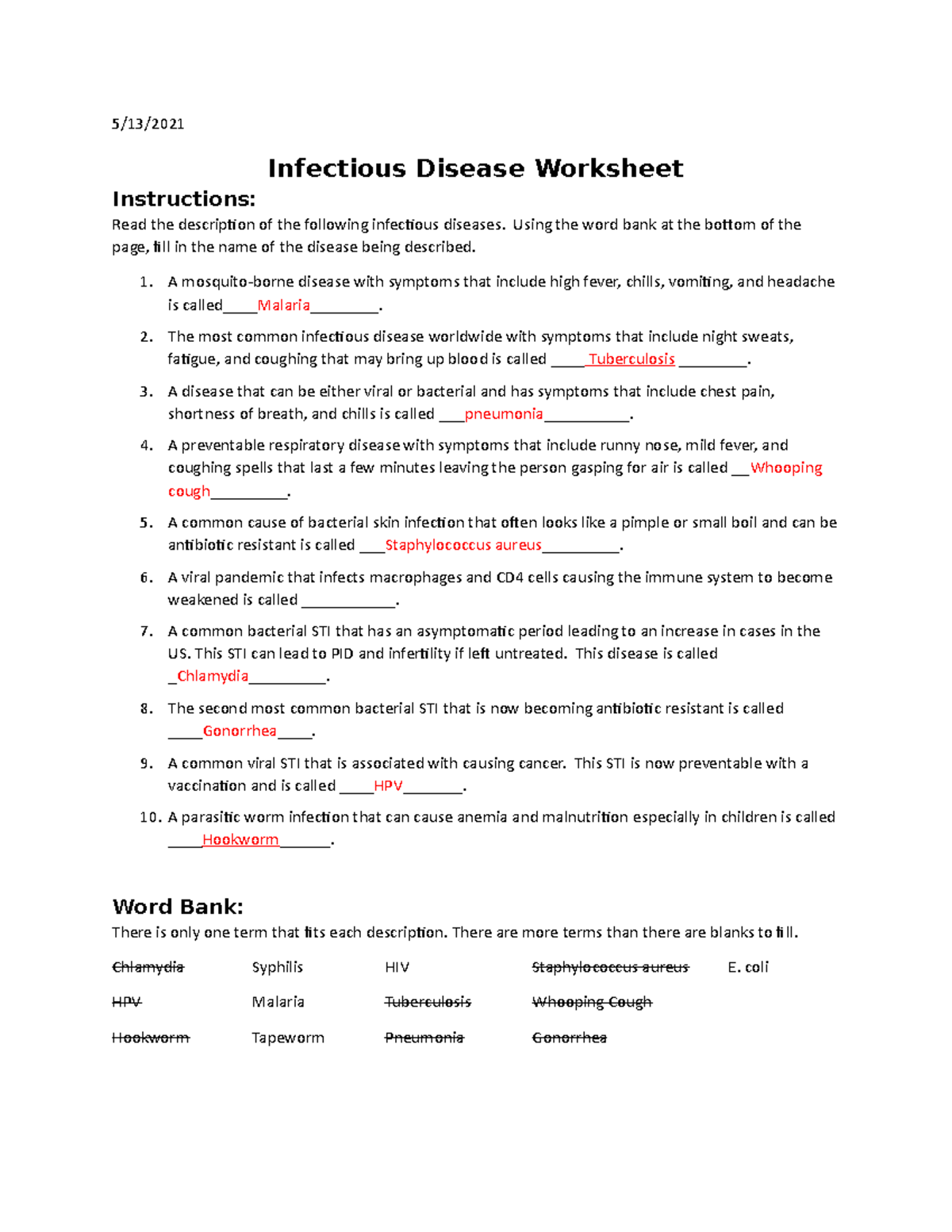 Infectious Disease Worksheet - 5/13/ Infectious Disease Worksheet ...