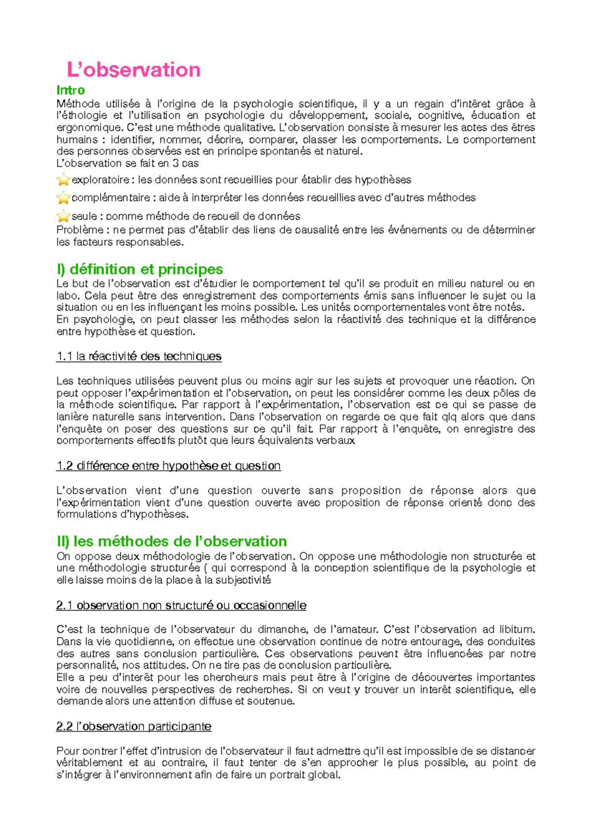 L'observation en psychologie : Méthodes et principes - CM 2023 - Studocu