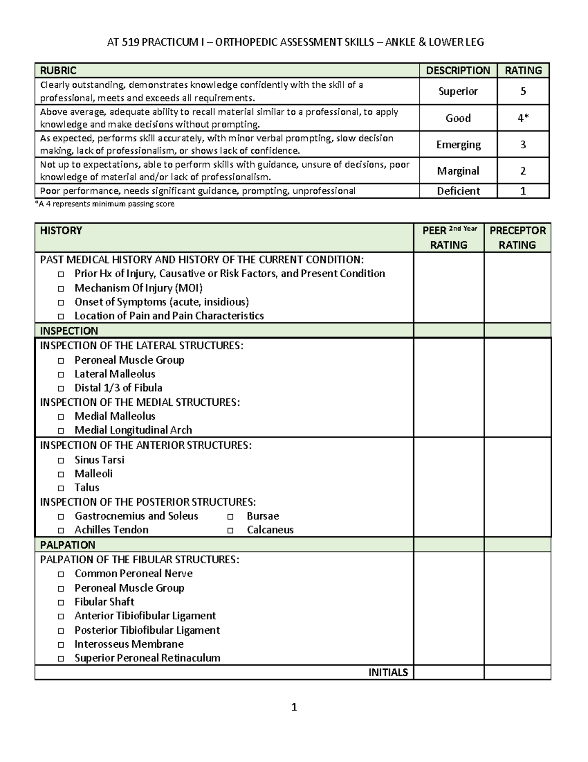 AT 519 PRACTICUM I ANKLE & LOWER LEG ORTHOPEDIC ASSESSMENT RUBRIC - Studocu
